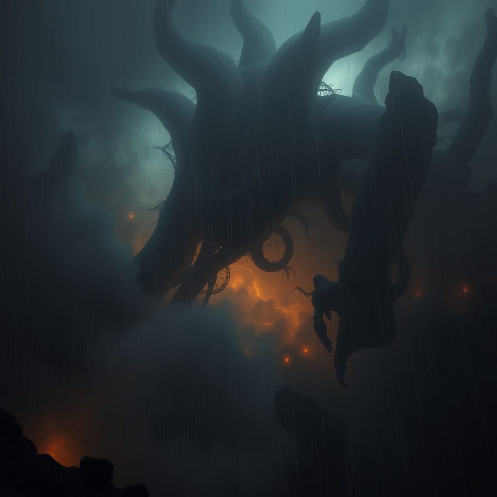 Dark, foreboding mist swirls, suffocating the scene, as torrential ...