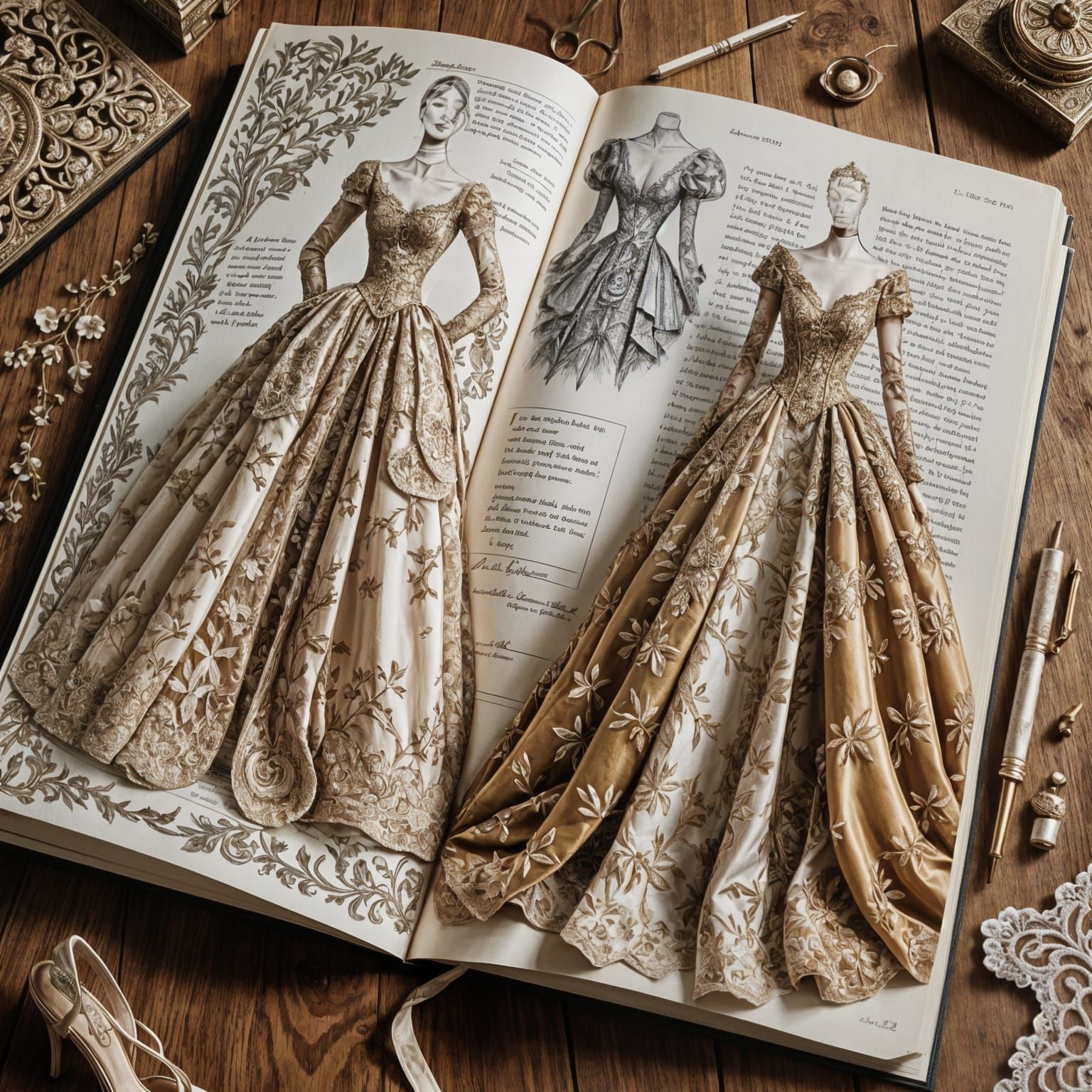 A captivating extra Long Shot image of an open fashion design book on a ...