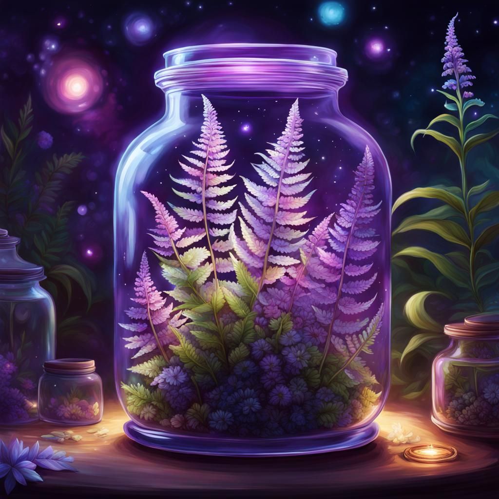 glowing magical fern-like plant with strange purple flowers in a jar ...
