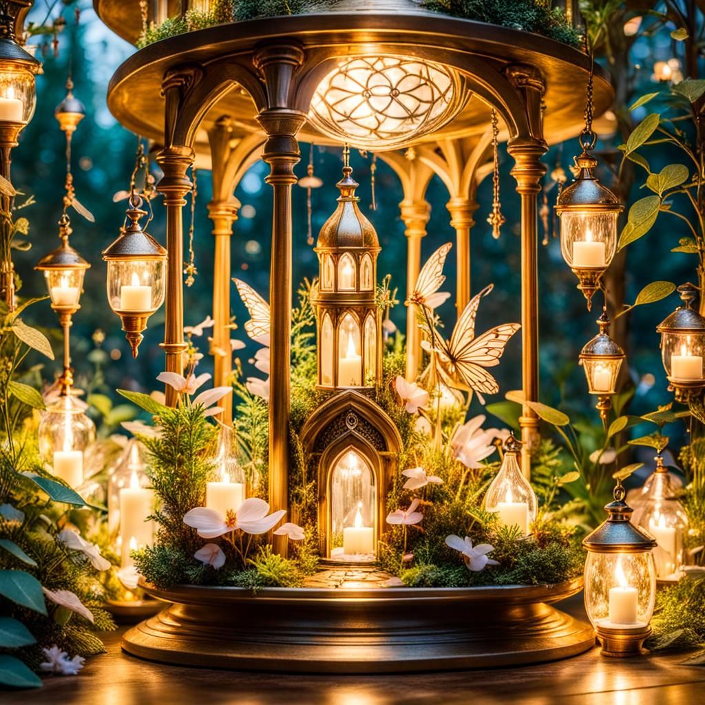 A magical, enchanting scene unfolds:( a fairy town inside an hourglass ...