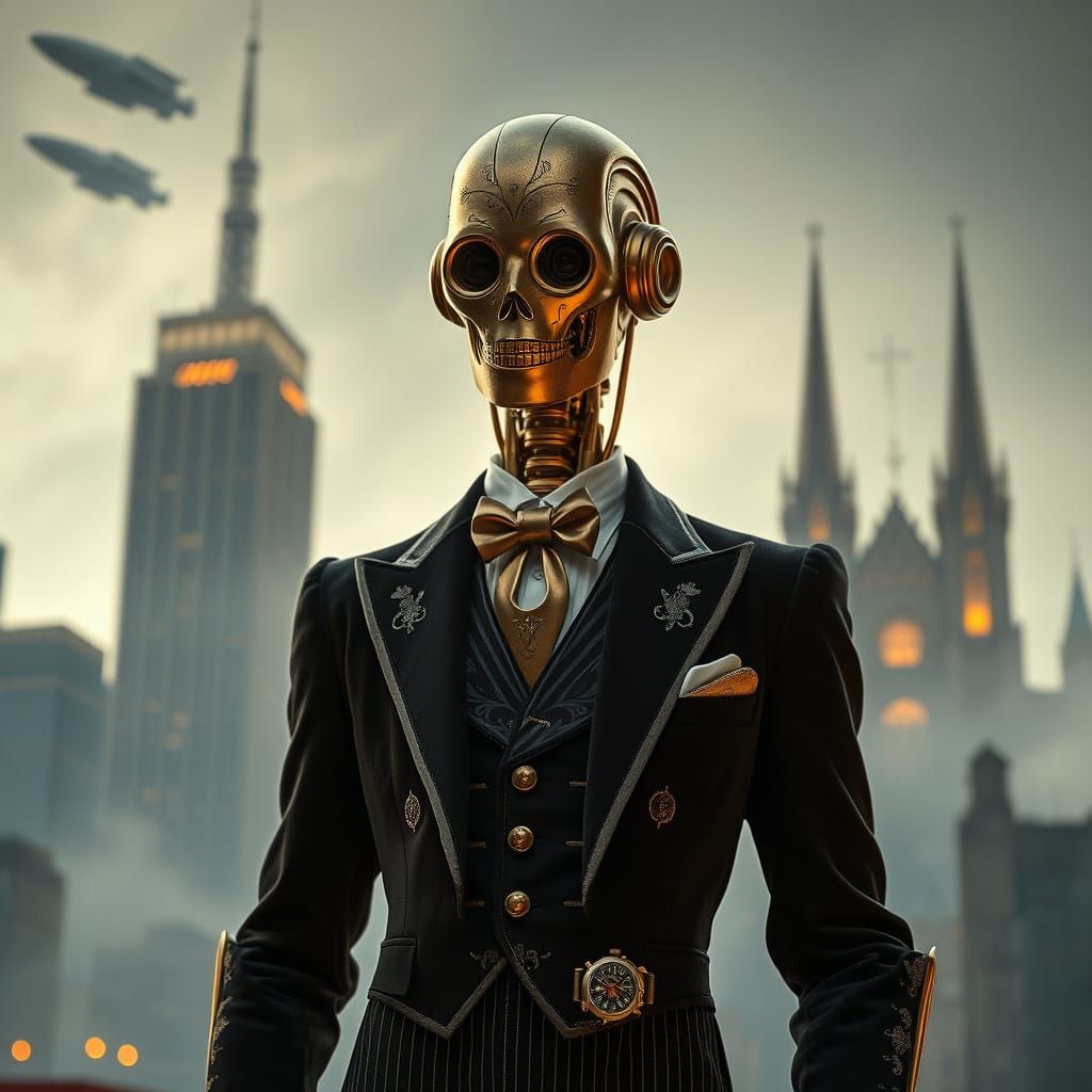 Golden Android in Dystopian Cityscape, Art Deco St... - AI Art