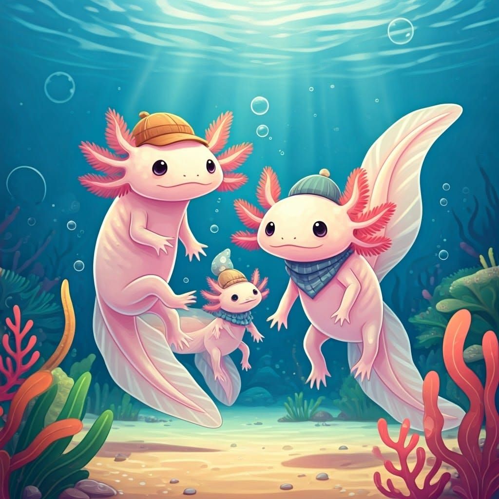 A group of axolotls drawn in a chibi style