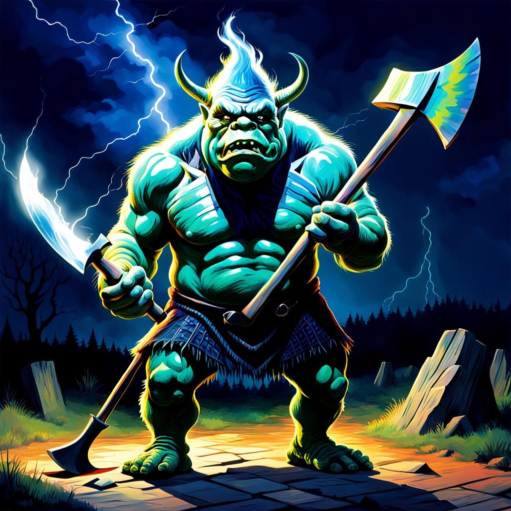 Psychedelic ogre, with ax, executioner, Bridget Riley, Jana Heidersdorf ...