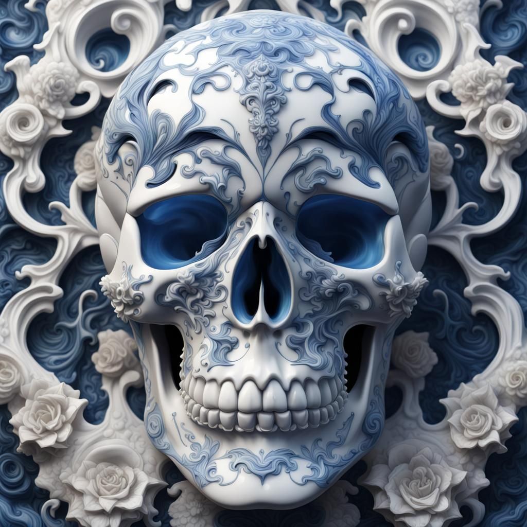 Blue and White porcelain scull - AI Generated Artwork - NightCafe Creator