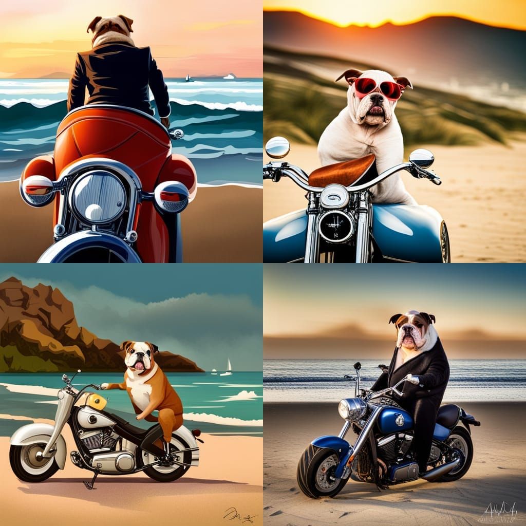 bulldog riding motorcycle along the beach - AI Generated Artwork ...