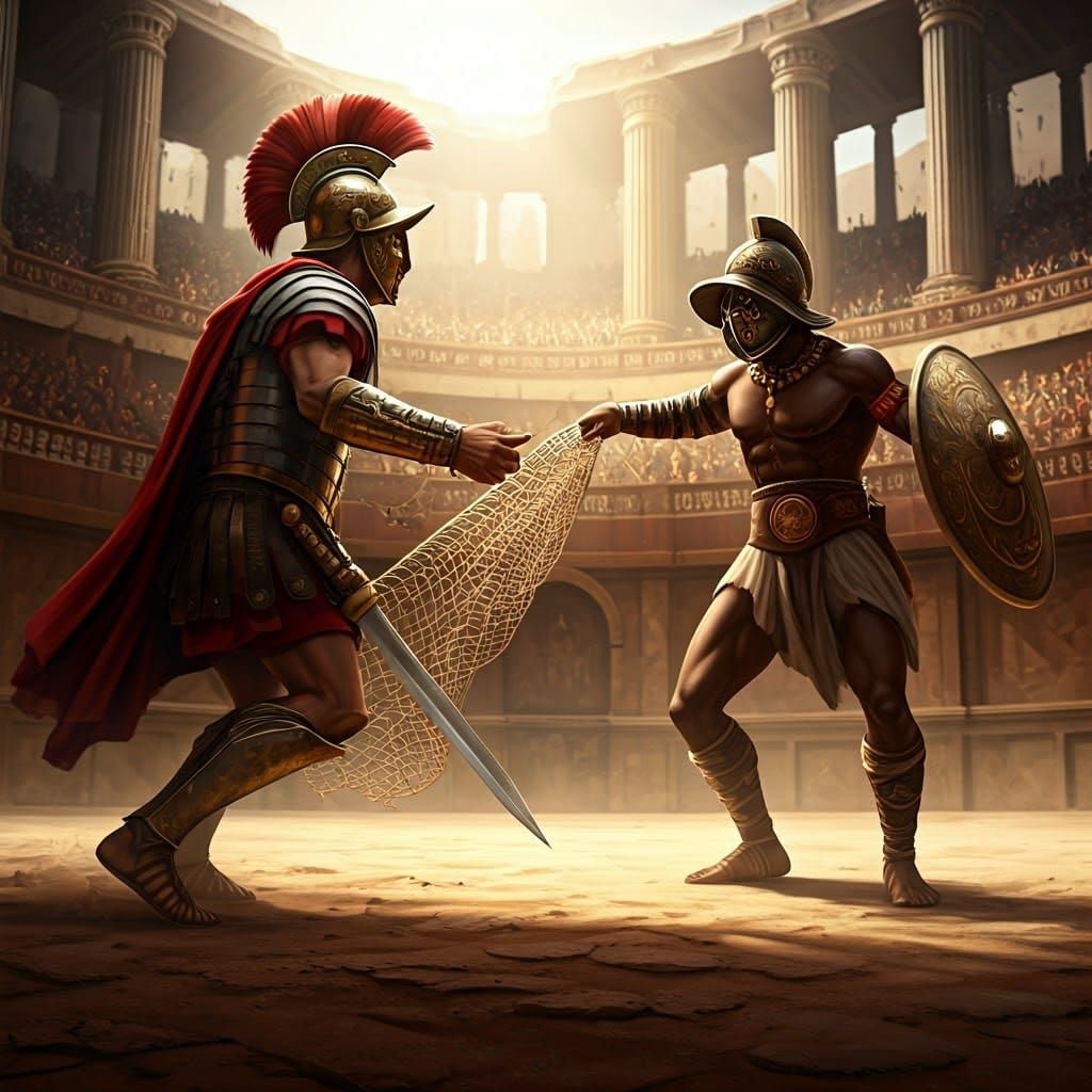 Roman arena, a Nubian gladiator armed with a trident, faces an armoured ...