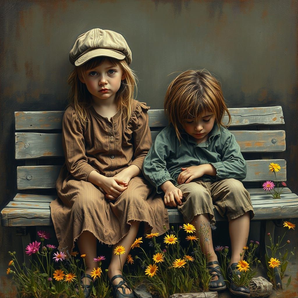 Scruffy Team 👍👍😊 - Children on Bench in Somber, Earthy St...