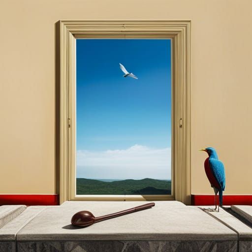 window ajar on a surreal landscape, on its edge a beautiful bird Max ...