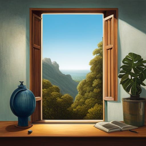 window ajar on a surreal landscape, on its edge a beautiful bird Max ...
