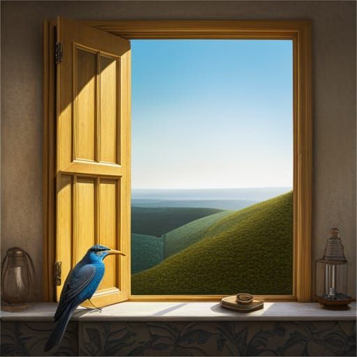 window ajar on a surreal landscape, on its edge a beautiful bird Max ...