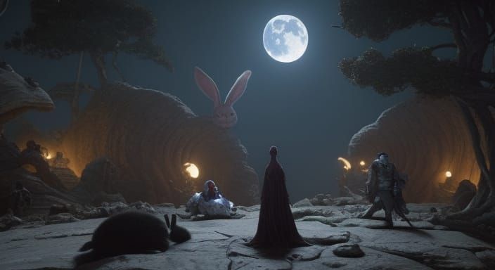 "Moon with rabbit shaped crater formation" 8k cinematic masterpiece by ...
