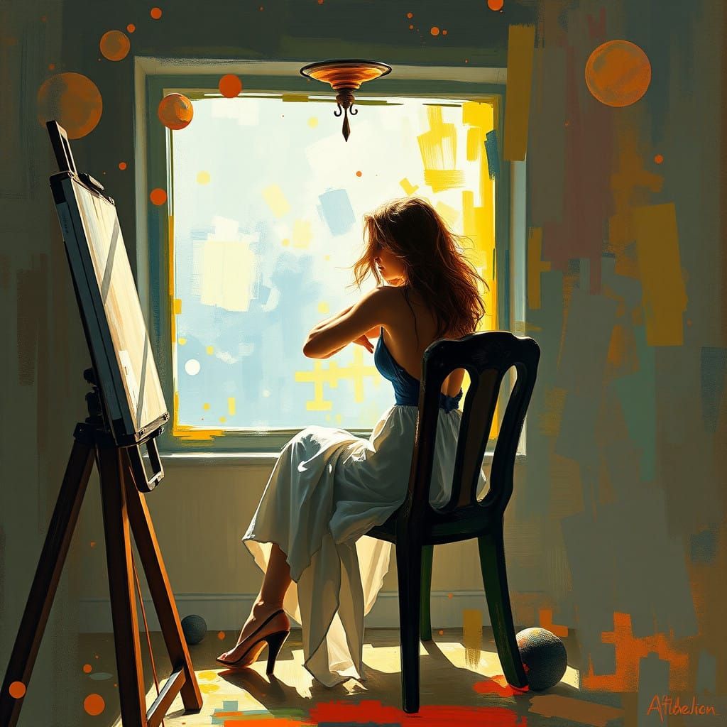 An abstract post-impressionist style painting of a woman posing for an ...