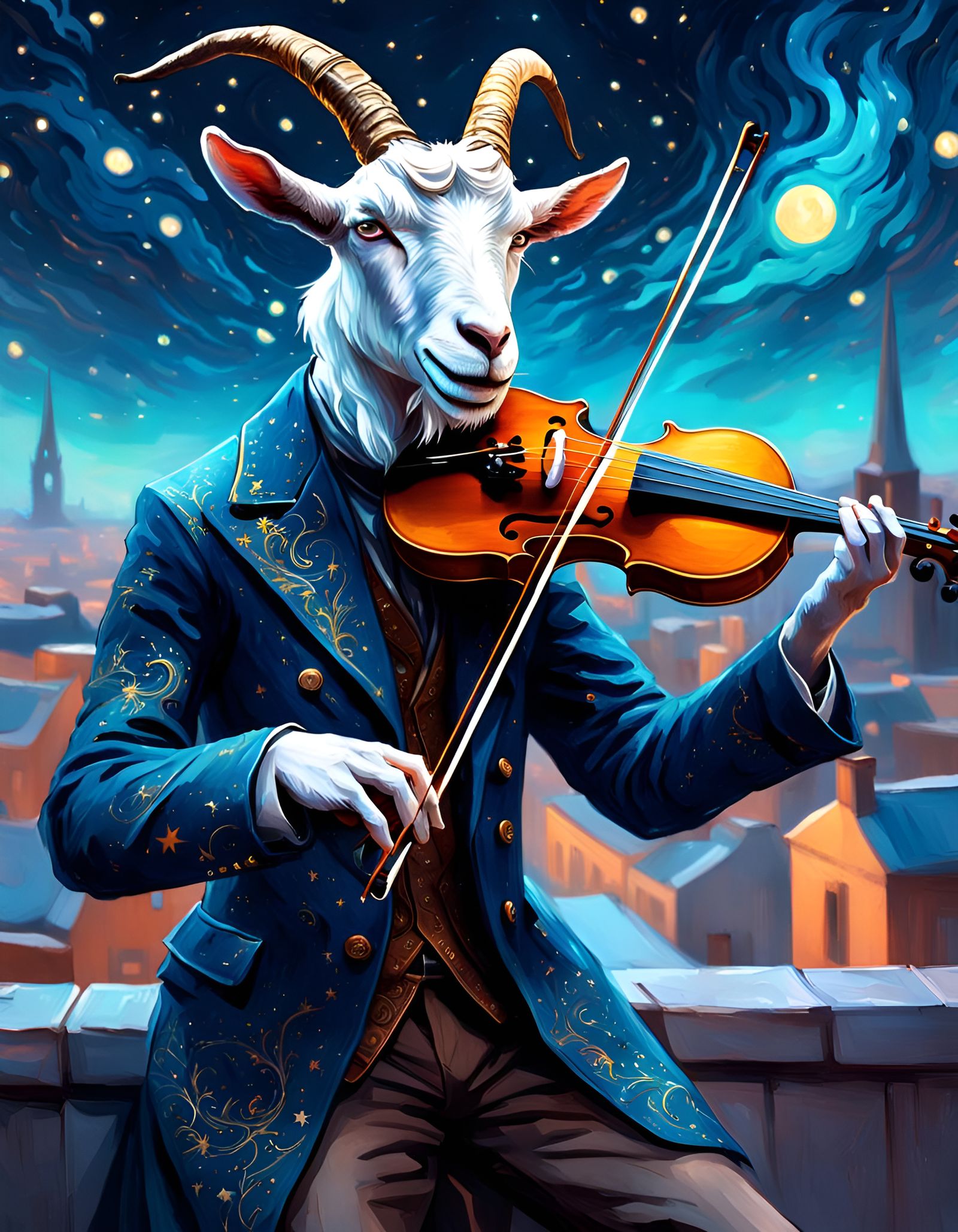 Goat person playing violin on a rooftop, anthropomorphic, Dreamy Van ...