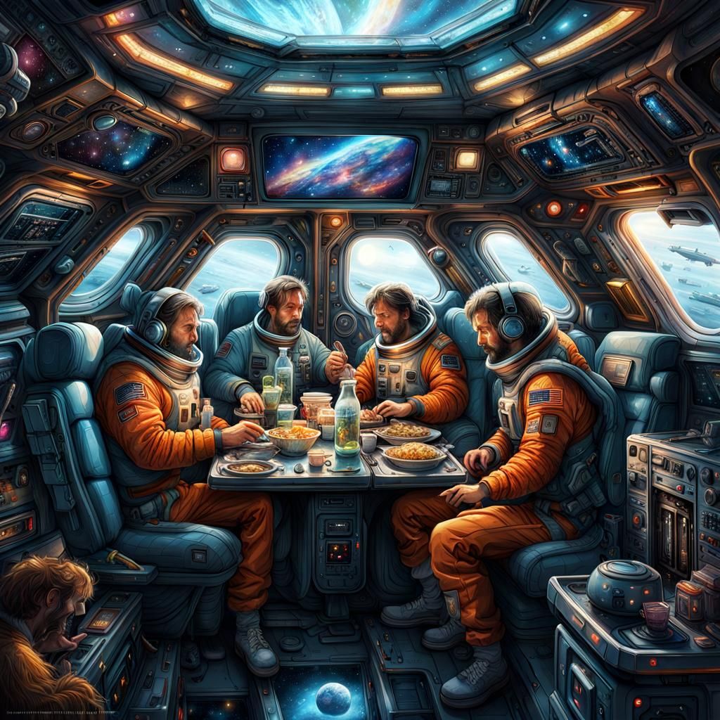 Spaceship with crew members eating space food. - AI Generated Artwork ...