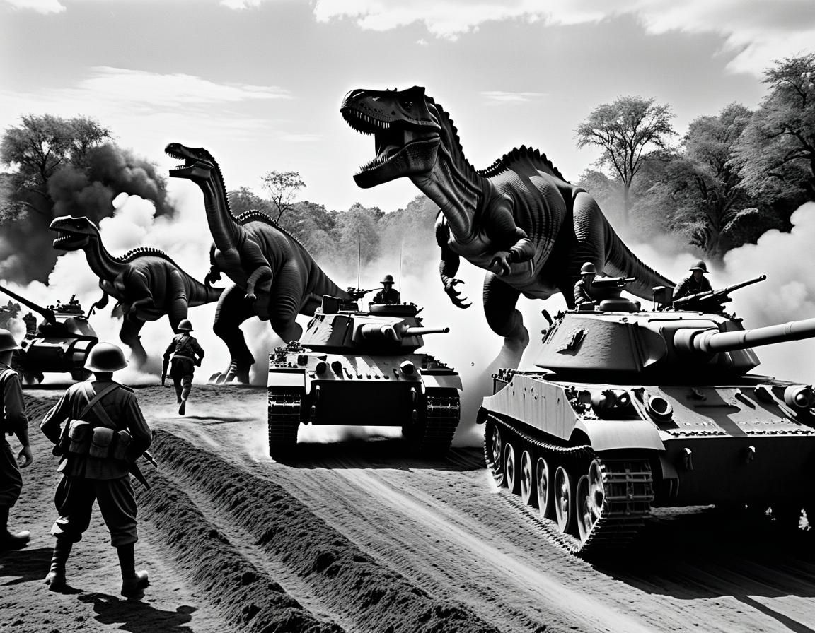 Timeslip: Dinosaurs in WWII - AI Generated Artwork - NightCafe Creator