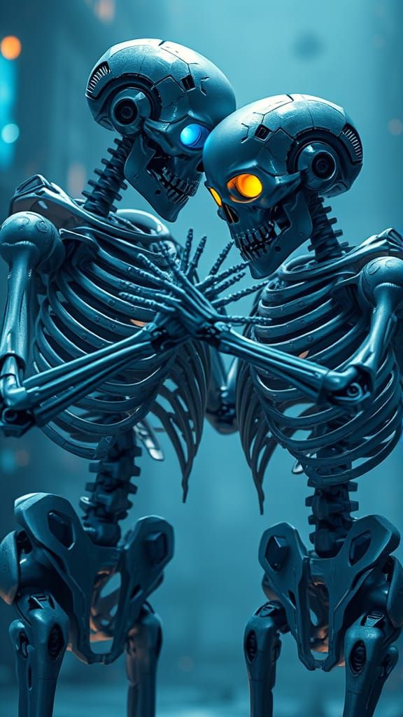 Photorealism. A futuristic skeleton in a futuristic suit with glowing ...