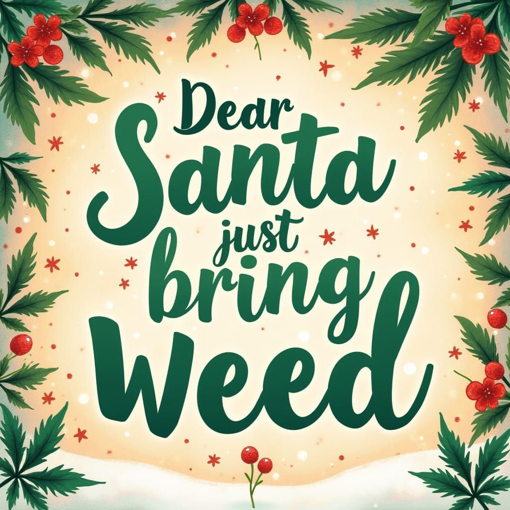 Christmas Cannabis Wall Art with Whimsical Cursive... - AI Art