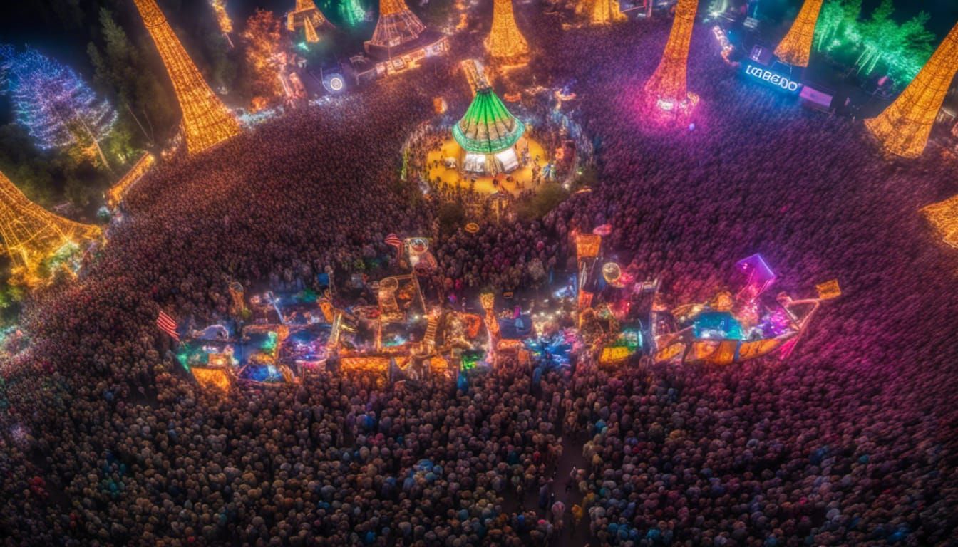 An Aerial photograph of 500,000 Bears Rave Party in neon Electric ...