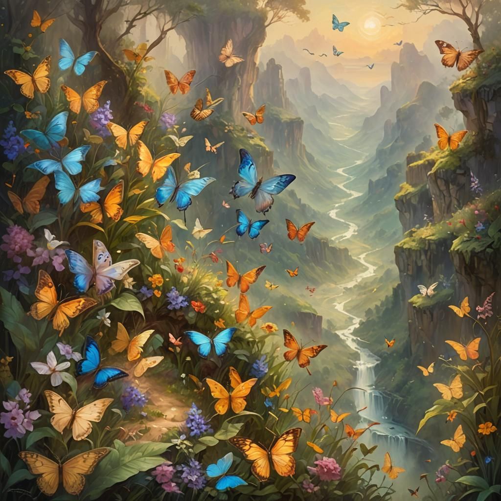 Fantastical Butterfly Kingdom in Whimsical Oil Pai... - AI Art