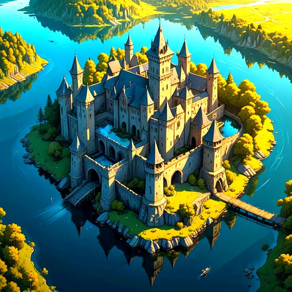 Medieval Castle with Drawbridge and Island Setting... - AI Art