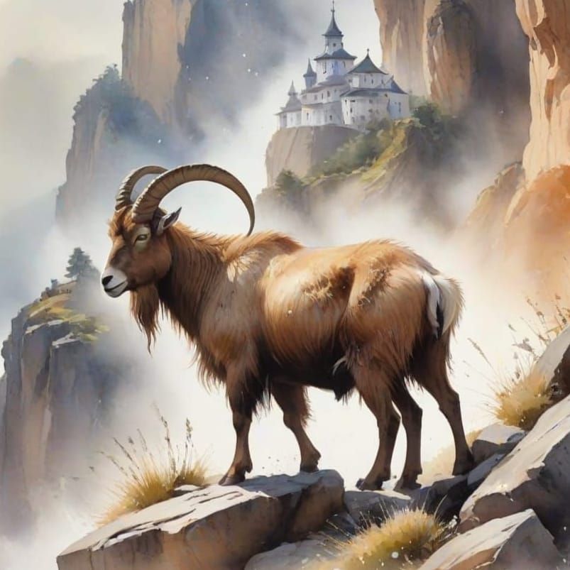 Misty Monastery Landscape with Brown Mountain Goat - AI Art