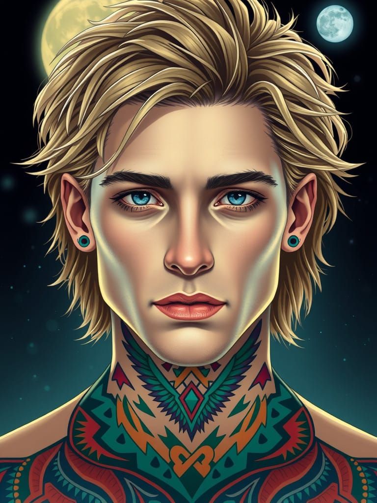Sleek Androgynous Figure in Moonlit Tribal Splendo... - AI Art