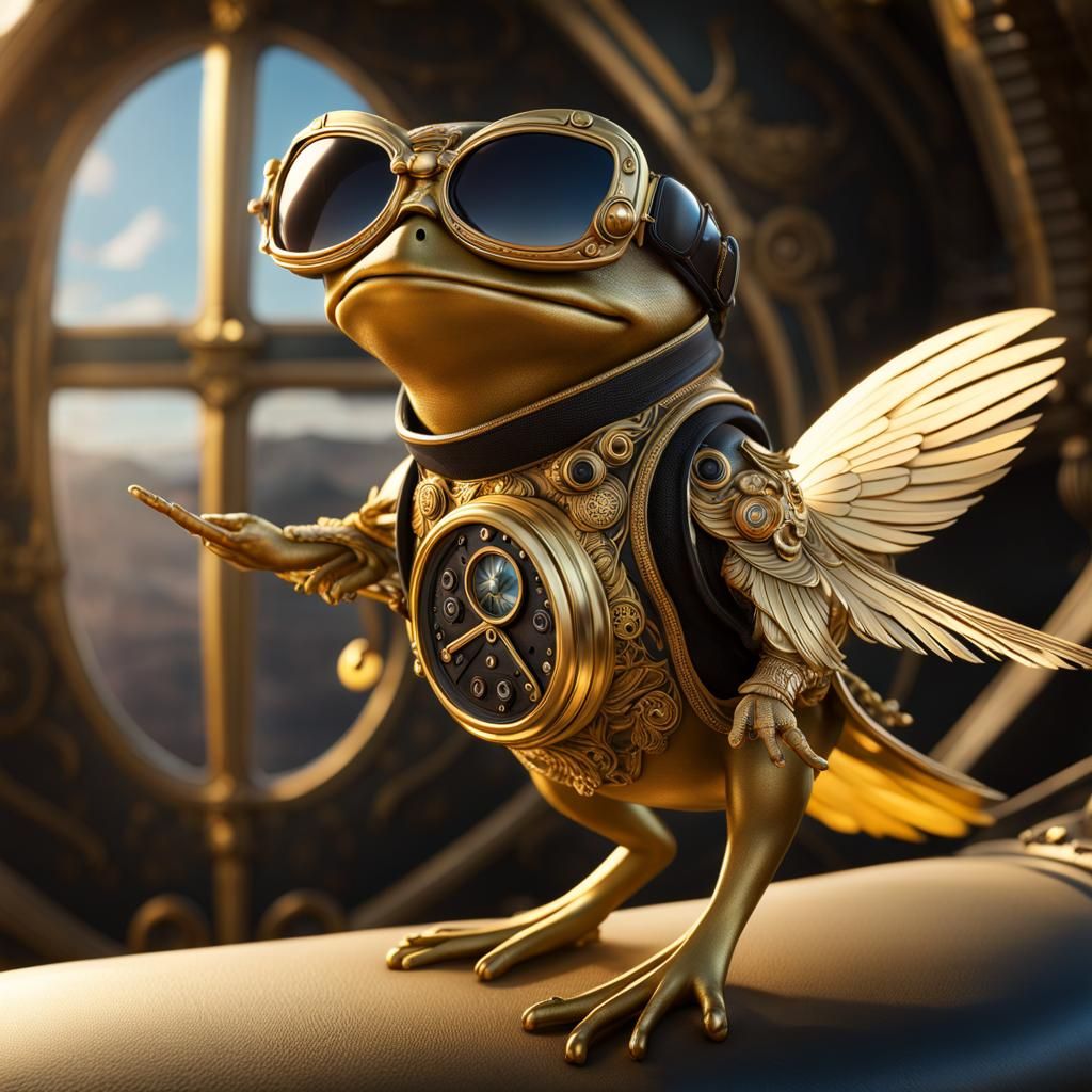 Clockwork pilot froglet flying a plane with sunglasses hyper realistic ...