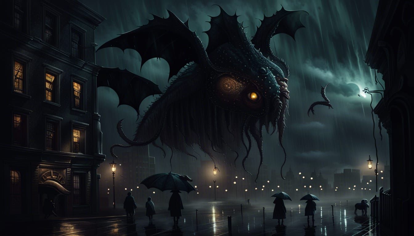 Lovecraftian monster flying over city. - AI Generated Artwork - NightCafe Creator