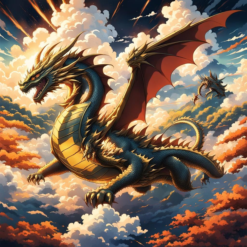 gold Dragon flying through clouds, Studio Ghibli, Anime Key Visual, by ...