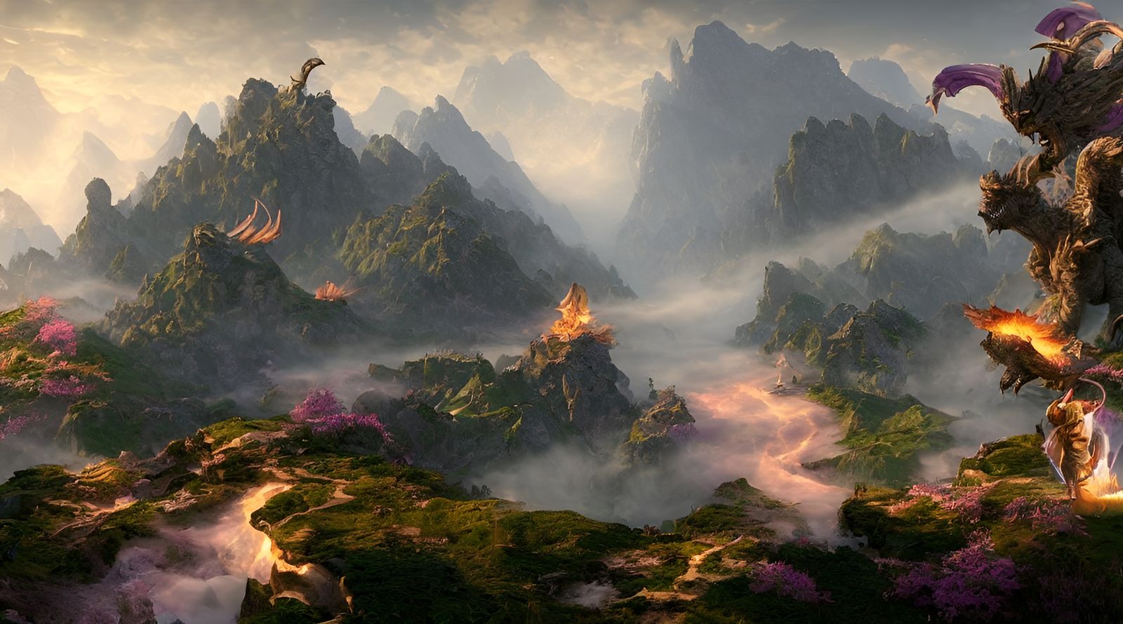 A mage in a heroic stance in the mountains fighting dragons. ethereal ...