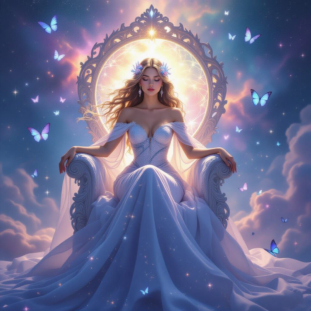 A serene goddess with hair like liquid starlight sits on a throne woven from moonlight in a ...