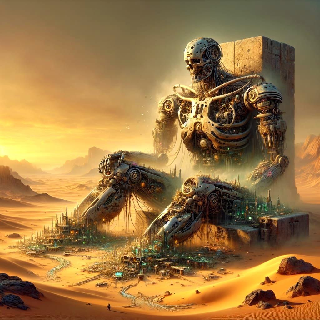 Cyborg Remnants Transformed into Vibrant Desert Ci... - AI Art