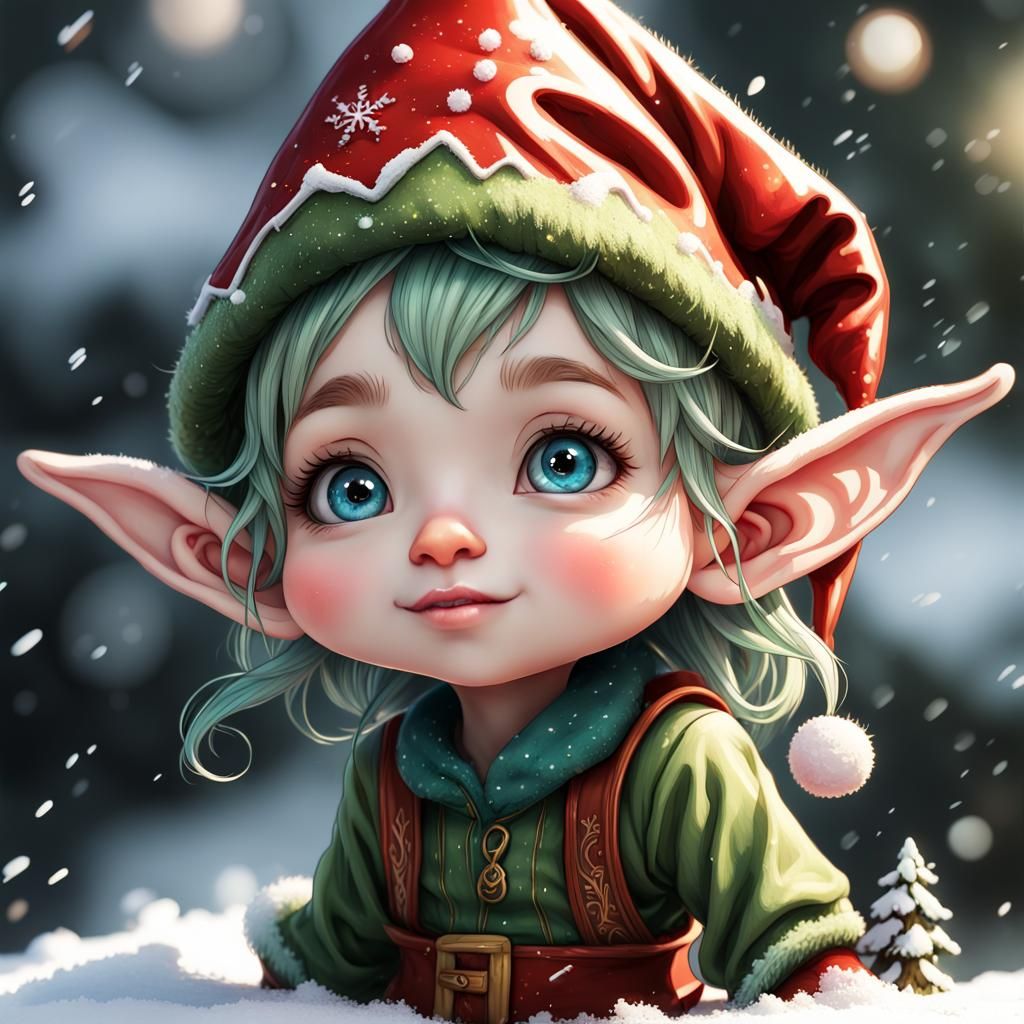 Cute adorable chibified Christmas elf, shiny detailed sharp prismatic eyes, snow, happy ...