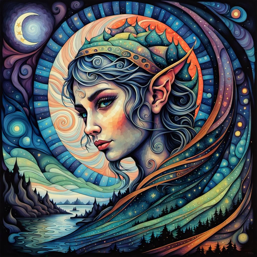 Hottie Elf Portrait Moonlit Starry Noctilucent Spiral Deep Faded Colours Fantastical