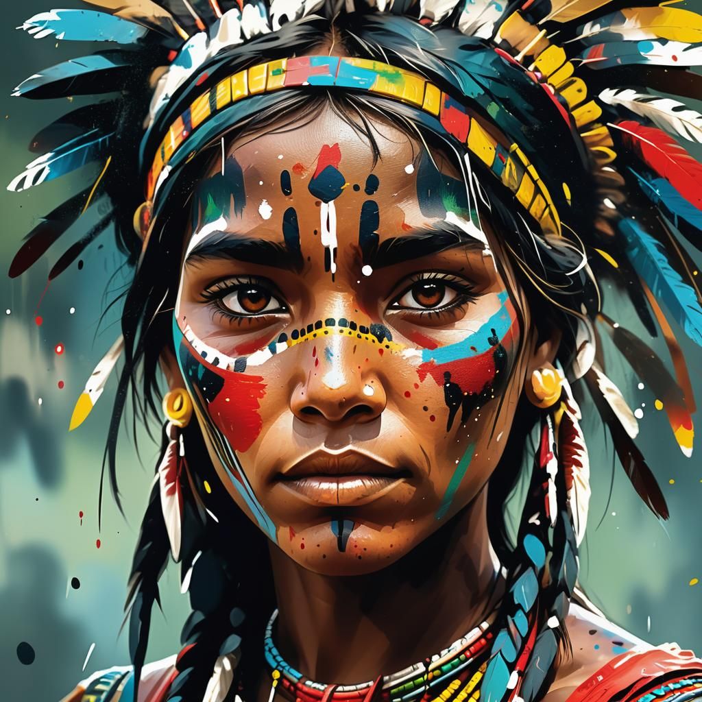 a painting of a native woman with paint splatters on her face, trending ...