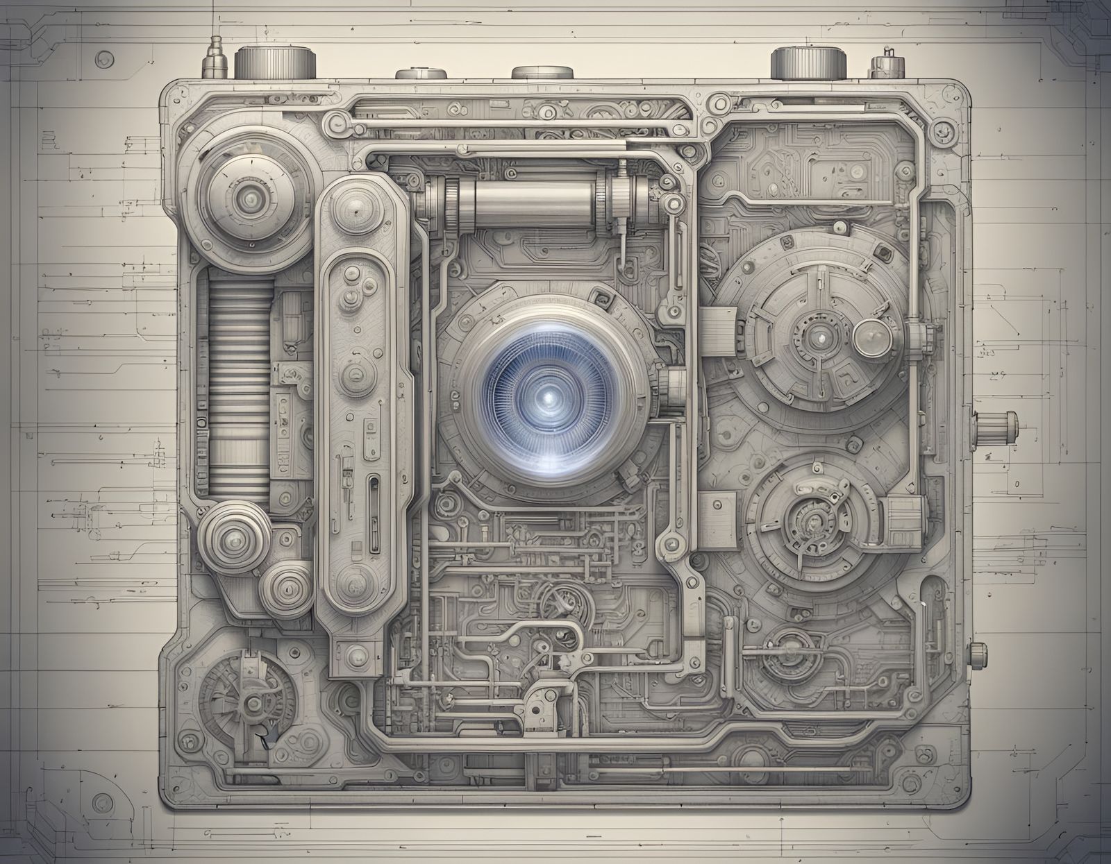 Silverpoint blueprint of a retro-futuristic tech gadget with full view ...