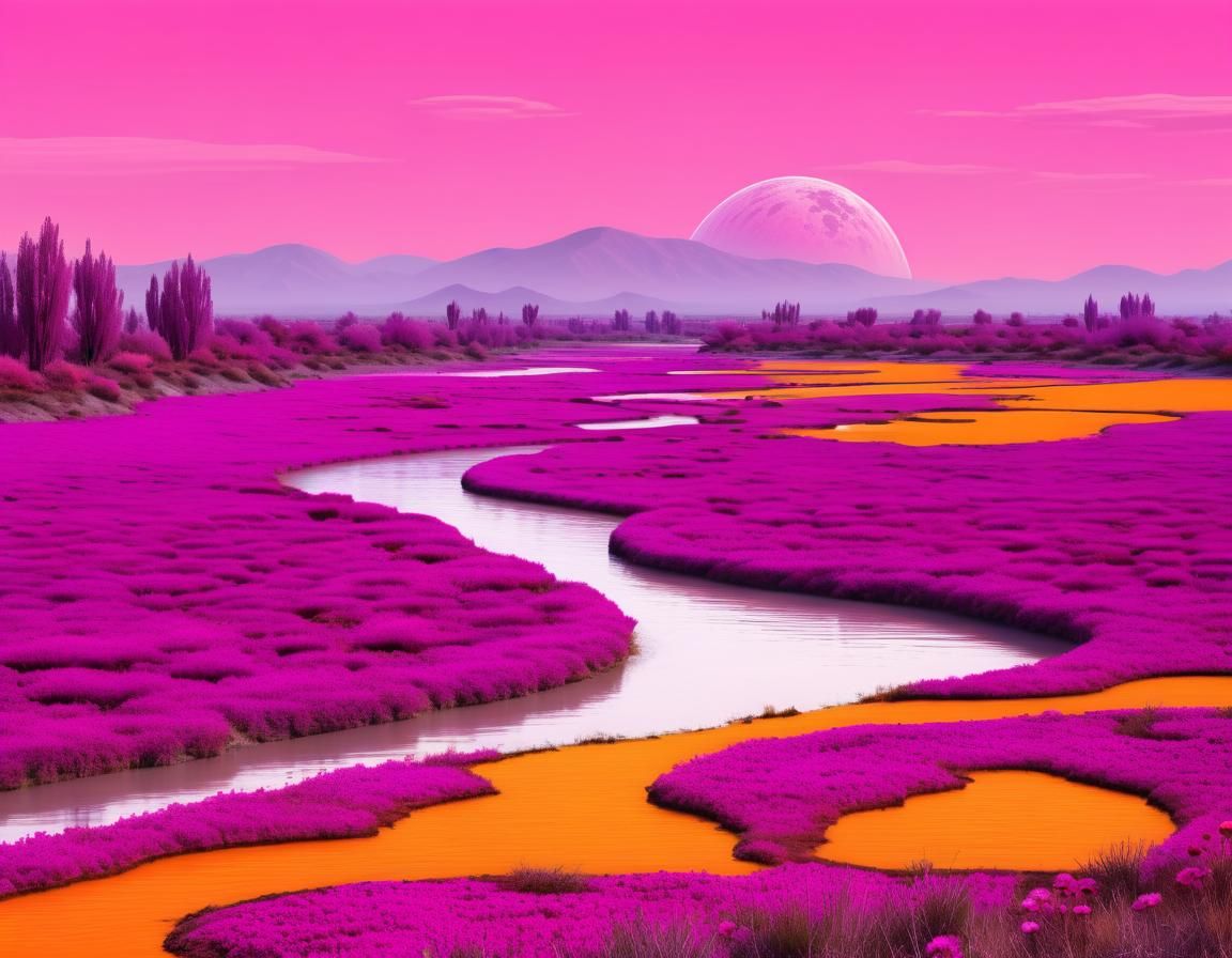 Alien planet with pale pink sky, powder pink earth, apricot colored ...