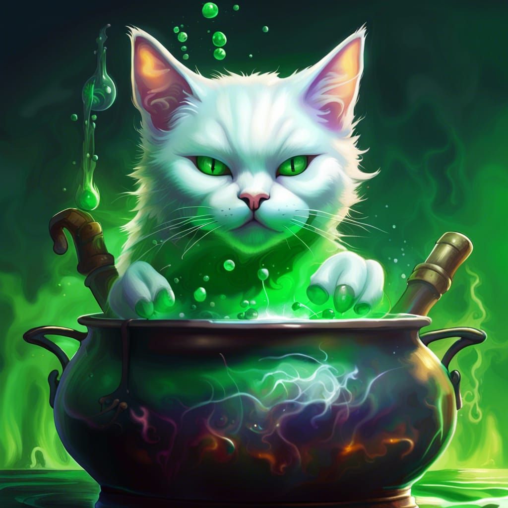 White cat making potions from a cauldron of green liquid clear face ...