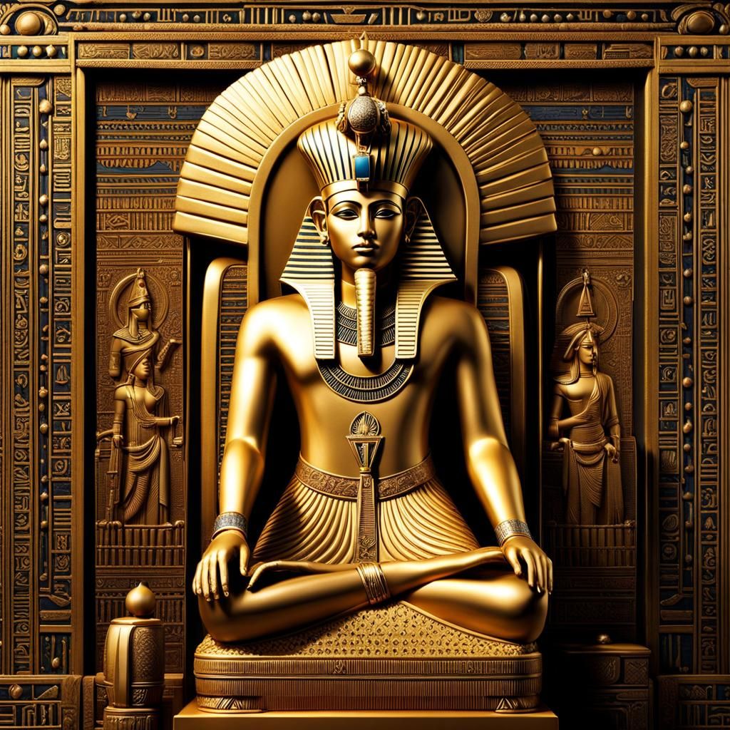 Generate a stunning image of a Pharaoh in regal attire, adorned with ...
