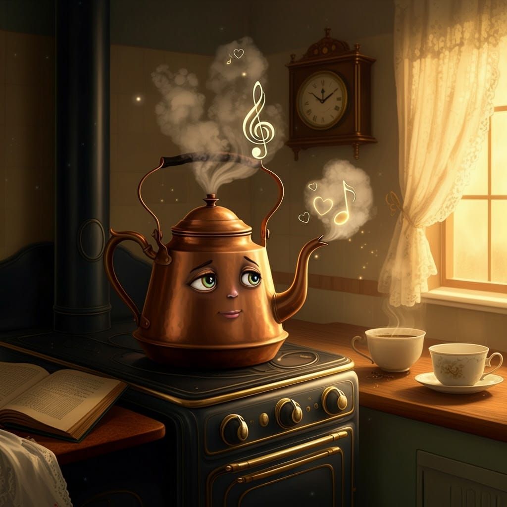 A whimsical and emotional scene of a sentient, vintage copper teapot ...