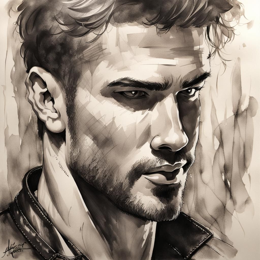 , centered composition fineliner pen and ink wash sketch of handsome ...