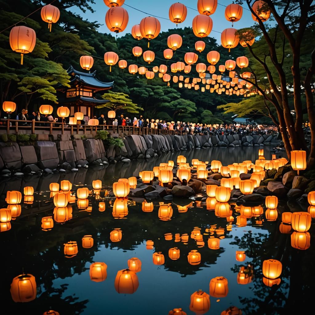 serene evening at a Japanese lantern festival, where countless paper lanterns cast a gentle glow ...