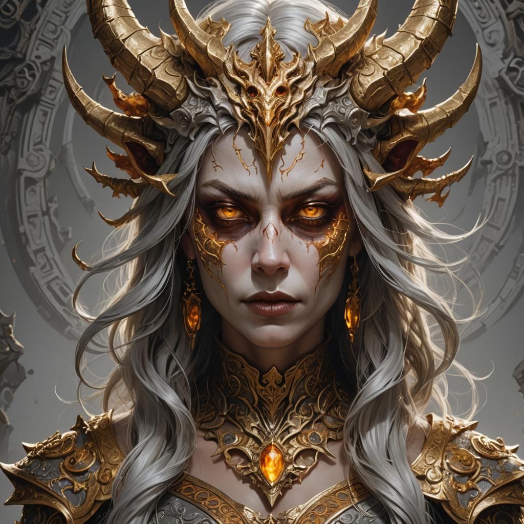 the face of a woman dressed in demon attire, in the style of light gray ...