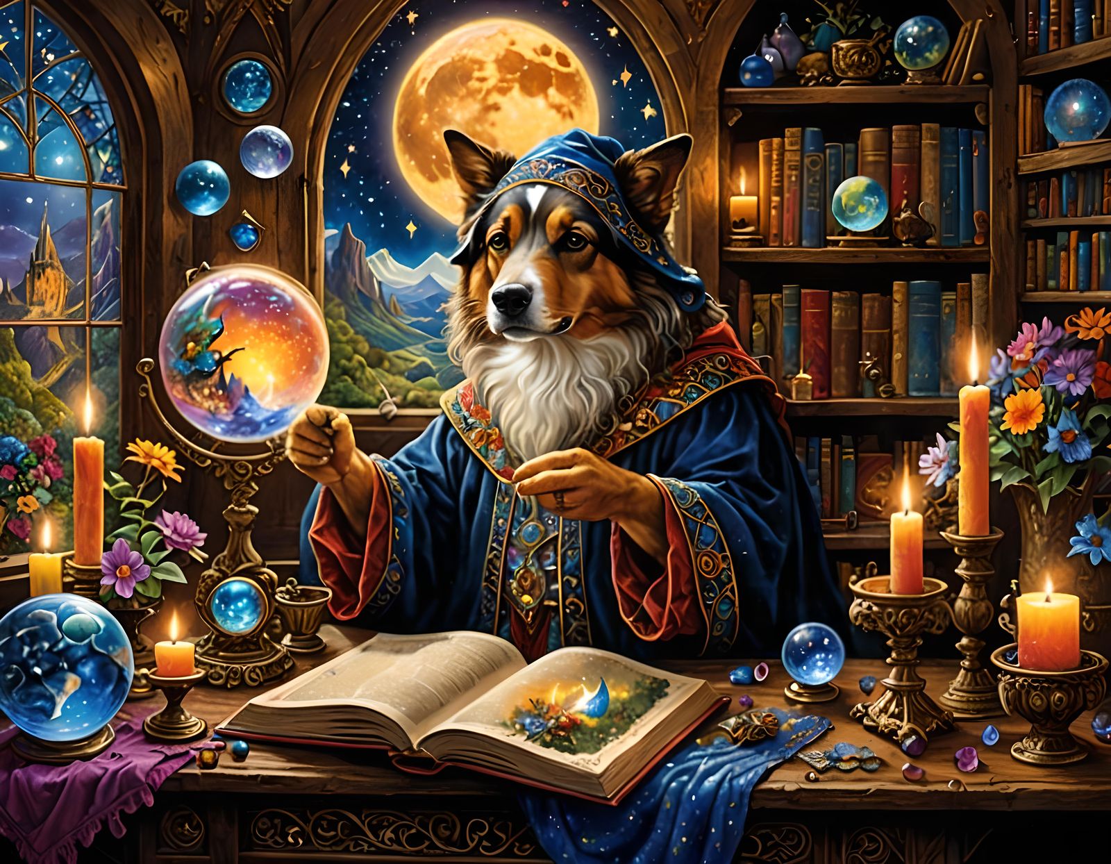 Dog Wizard Reading A Spell Book On Wizards Desk In A Sorcerers Study ...