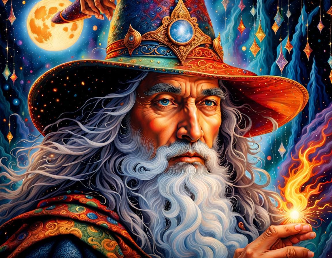 Closeup head and shoulders portrait of a wizard with magical misty ...