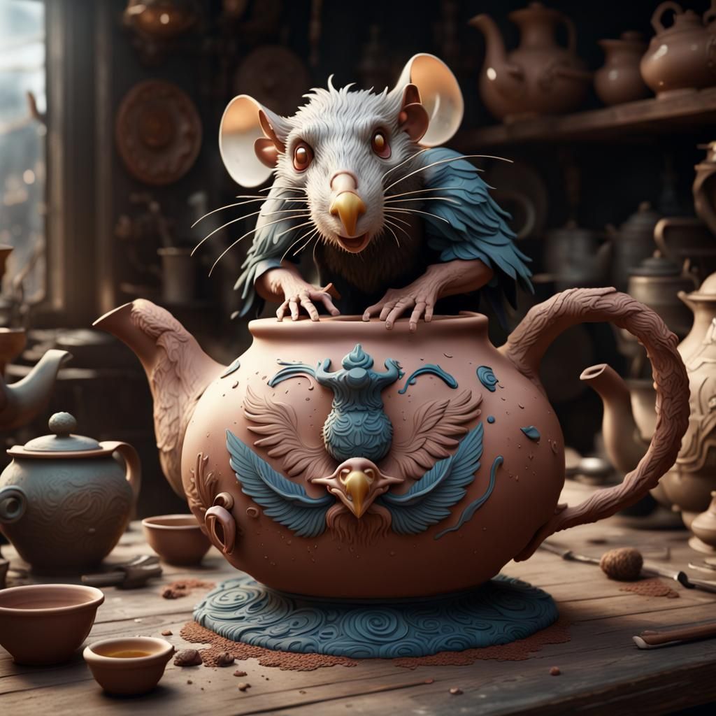 An eccentric rat creating a clay teapot in the shape of an eagle. - AI ...