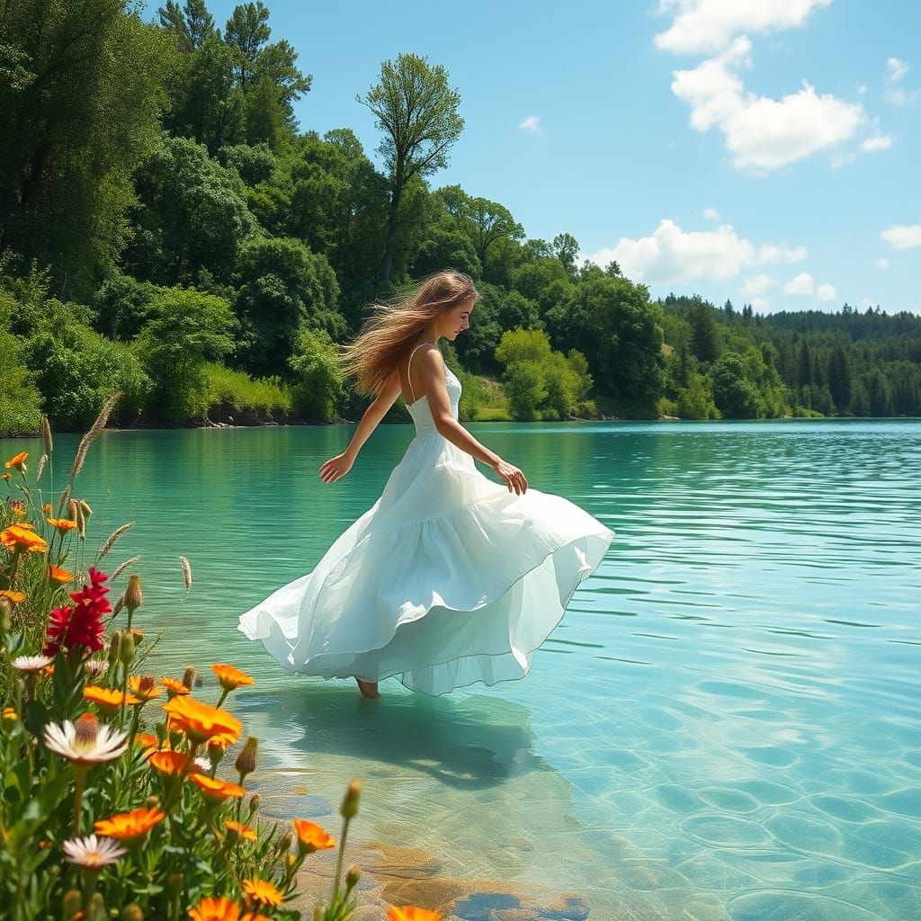 stepping into water - Woman Stepping into a Serene Turquoise...