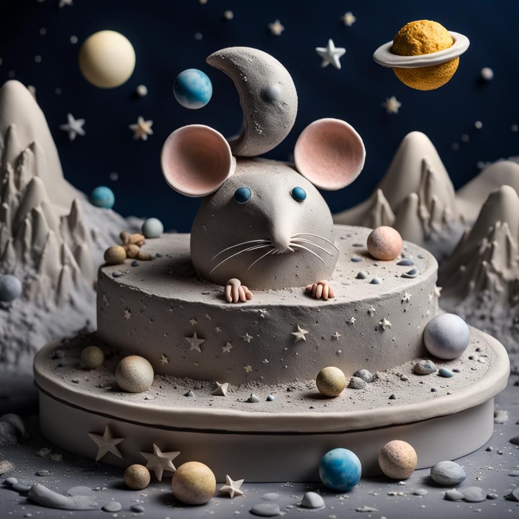 Cake sculpture of mouse on moon surface under planets, ufos, stars ...