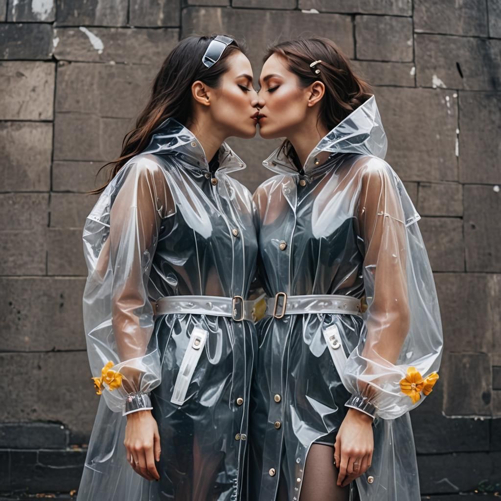 2 beautiful woman kissing each other wearing an intricate transparent ...