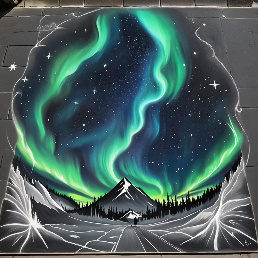 chalk art sidewalk drawing of north Alaskan night sky, aurora borealis ...